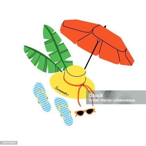 여름 해변 우산 모자 선글라스 플립 플롭과 열대 잎 여름 휴가 여행 바다 휴가 작곡 카드 또는 포스터 벡터 만화 평면 고립 된 그림 개체 그룹에 대한 스톡 벡터 아트 및