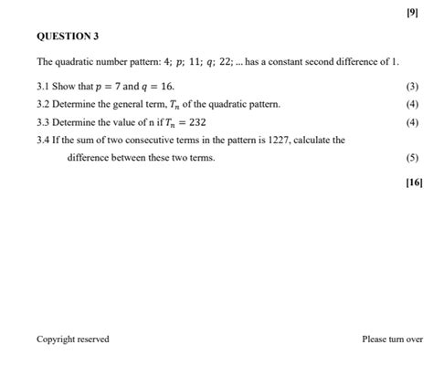 9 Question 3 The Quadratic Number Pattern 4 P Studyx