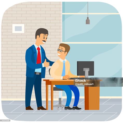 직장에서 부하 직원에게 지시하는 상사 회의에서 서로 이야기하는 남성 사무원 경영자에 대한 스톡 벡터 아트 및 기타 이미지 경영자 계약서 교육 Istock