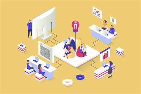 3d 아이소메트릭 디자인의 코워킹 개념 동료 또는 프리랜서는 열린 공간 사무실에서 노트북으로 작업하고 팀은 직장에서 공동