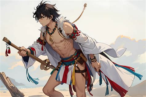 Anime Character With A Sword And A Shirtless Body Walking On A Beach