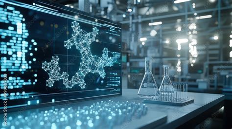 a laboratory scene where ai algorithms accelerate drug development featuring digital models of