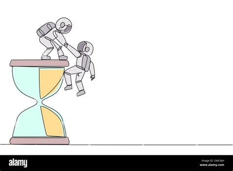 Continuous One Line Drawing Young Astronaut Helps Colleague Climb Big