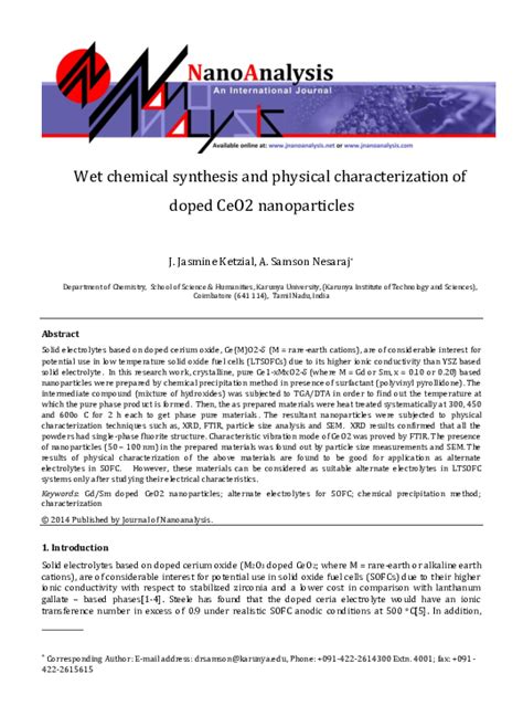 Pdf Wet Chemical Synthesis And Physical Characterization Of Doped Ceo2 Nanoparticles