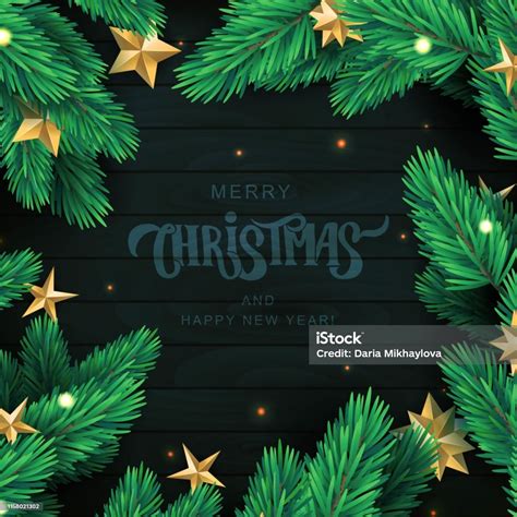 크리스마스 트리 가지와 현실적인 나무 배경에 메리 크리스마스 손 문자 텍스트 카드 연말연시 디자인용 타이포그래피 비문 개념에 대한 스톡 벡터 아트 및 기타 이미지 Istock
