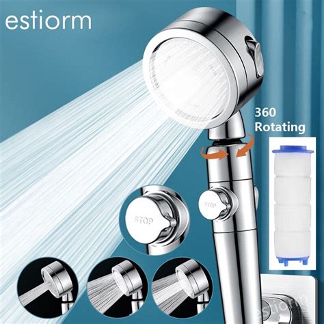 욕실 휴대용 고압 샤워 헤드 필터 포함 360 회전 전류 조절 가능 정지 버튼 절수 핸드 샤워 Aliexpress