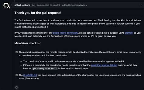 github actions message
