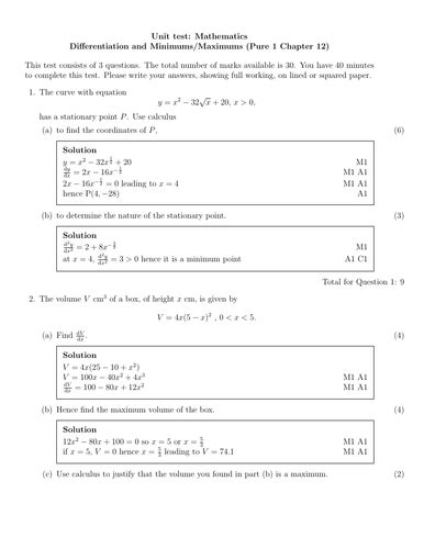 Edexcel Pure 1 Chapter 12 Part 2 2 Unit Test Differentiation With Optimisation Problems