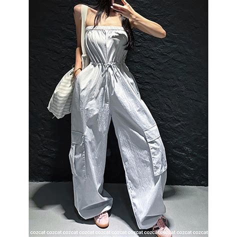 지음샵 서머시즌오프 ★라스트찬스★ 라마점프수트 여름신상면유니크바캉스휴양지튜브탑밴딩투웨이스트링건빵카고잘록허리와이드조거점프슈트카키소라그레이