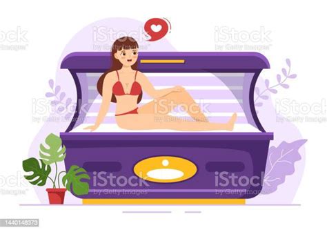 선탠 침대 절차는 평면 만화 손으로 그린 템플릿 일러스트레이션에서 스파 살롱 일라리움에서 현대 기술로 이국적인 피부를 얻기 위해 건강한 생활방식에 대한 스톡 벡터 아트 및