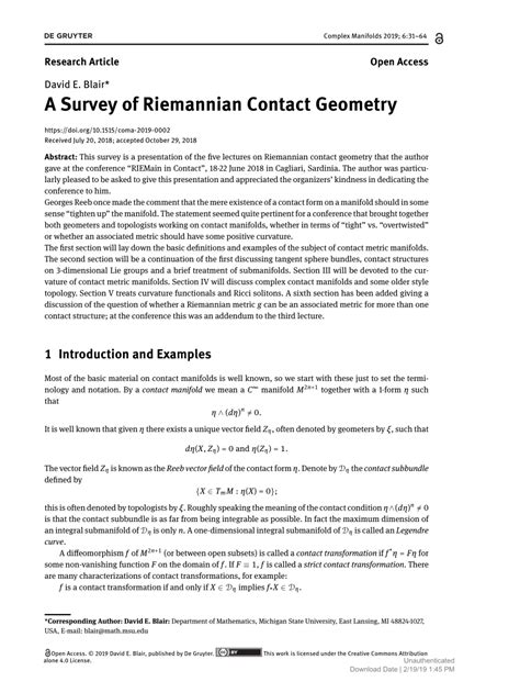 Pdf A Survey Of Riemannian Contact Geometry