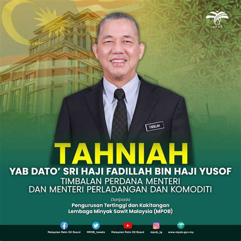 Malaysian Palm Oil Board Mpob Sekalung Tahniah Kepada Yab Dato Sri