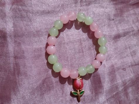 Tulip Bracelet Beaded Silver Pink And Green Y2k Kawaii Floral Coquette Cottagecore Aesthetic