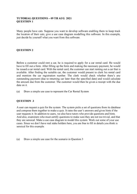USE CASE Question For System Design In TUTORIAL QUESTIONS TH AUG QUESTION Many