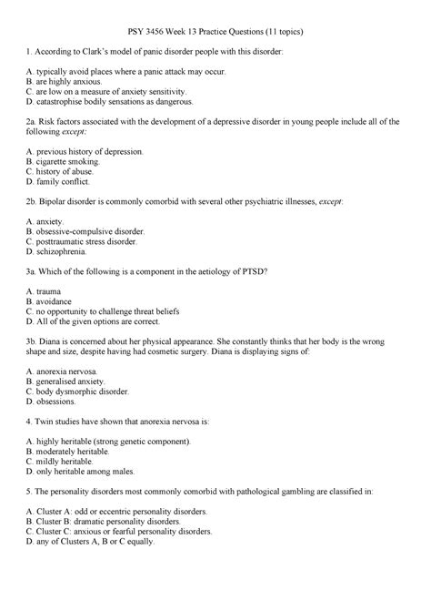 Practice Test Week 13 Psy 3456 Week 13 Practice Questions 11 Topics According To Clarks