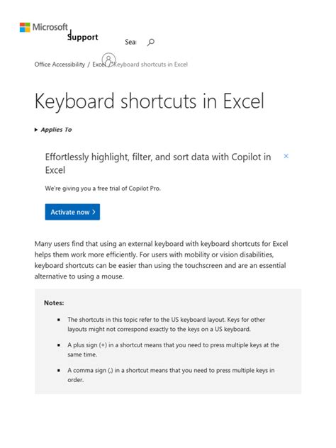 keyboard shortcuts in excel microsoft support pdf microsoft excel