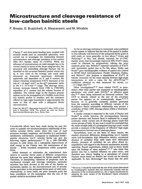 Microstructure And Cleavage Resistance Of Low Carbon Bainitic Steels P Brozzo G Buzzichelli