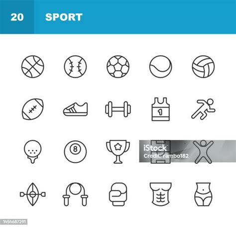 스포츠 라인 아이콘 편집 가능한 스트로크 픽셀 완벽한 모바일 및 웹용 선수 농구 자전거 타기 보디 빌딩 상자 피트니스 축구 골프 체육관 하이킹 카약 올림픽 수영장 경주