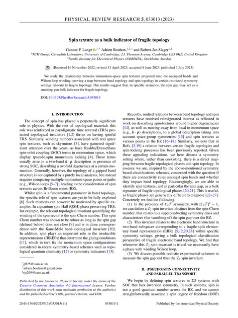 Pdf Spin Texture As A Bulk Indicator Of Fragile Topology