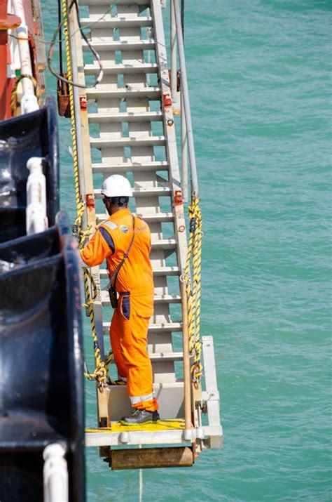 오렌지색 안전 장비를 착용한 갱웨이의 부두 노동자 · 무료 스톡 사진