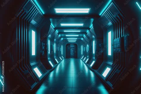 Abstract Light Tunnel Corridor With Neon Light Hi Tech Sci Fi Passageway Metallic Light