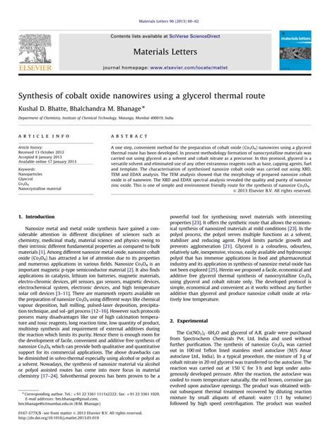 Pdf Synthesis Of Cobalt Oxide Nanowires Using A Glycerol Thermal