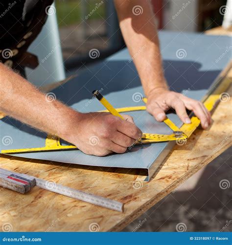 Roofer Working With A Protractor On A Metal Sheet Stock Image Image