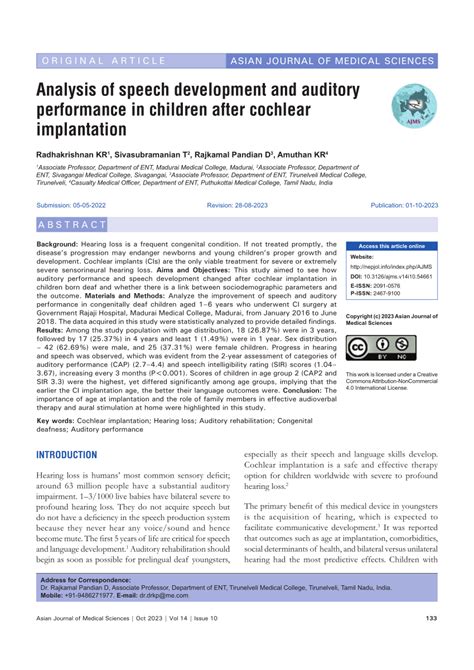 Pdf Analysis Of Speech Development And Auditory Performance In