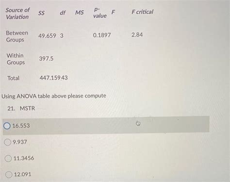 Solved Source Of Variation Ss Df Ms P Value F Fcritical