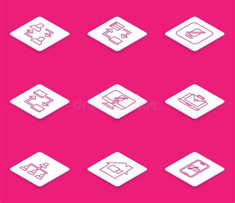 Set Line Project Team Base Online Working Mute Microphone Computer Hierarchy Organogram