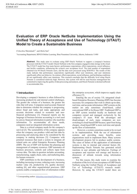 PDF Evaluation Of ERP Oracle NetSuite Implementation Using The Unified Theory Of Acceptance