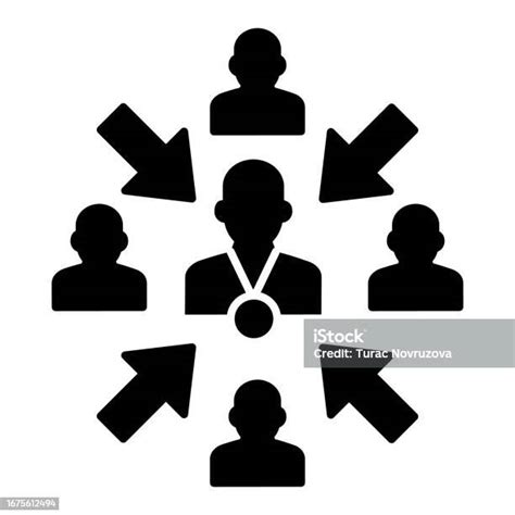 리더와 화살표 솔리드 아이콘 팀워크 및 관계 개념이 있는 사람들의 그룹 리드 매니저가 있는 작업 그룹은 글리프의 아이콘에 흰색
