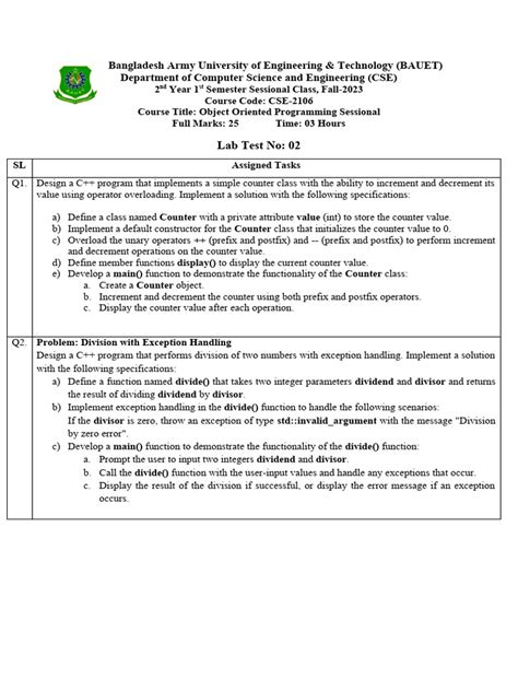 Lab Test 02 Cse 16th Pdf C Object Oriented Programming