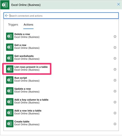 power automate office 365 excel list rows present in a table action