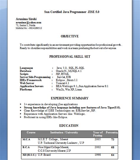 Sun Certified Java Programmer Resume Format