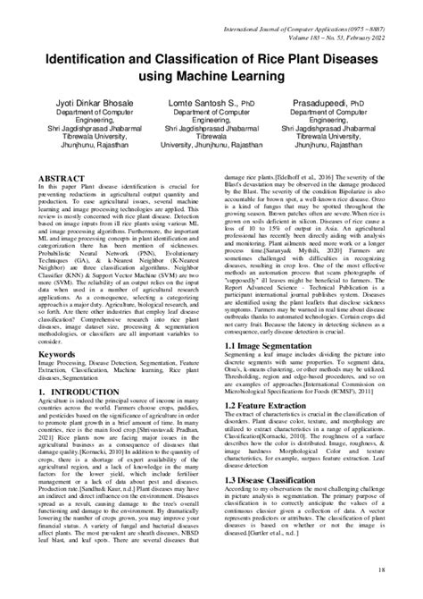 Pdf Identification And Classification Of Rice Plant Diseases Using Machine Learning