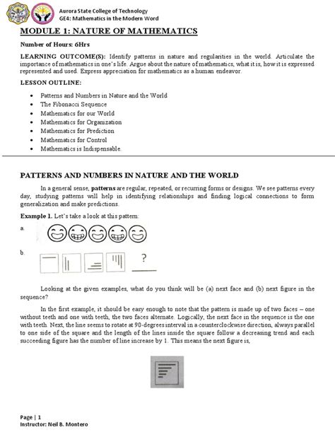 Module 1 Nature Of Mathematics Patterns And Numbers In Nature And The
