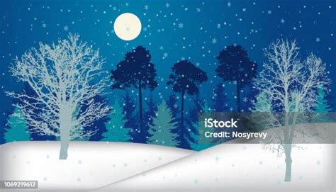 밤 눈과 보름달 실루엣으로 겨울에 숲 벡터 일러스트 레이 션 0명에 대한 스톡 벡터 아트 및 기타 이미지 0명 12월 1월 Istock