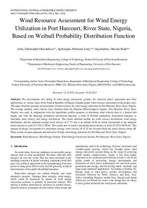 Pdf Wind Resource Assessment For Wind Energy Utilization In Port Harcout River State Nigeria