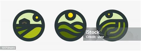 농장 로고 마크 템플릿 또는 태양과 필드와 농촌 풍경의 아이콘 자연 농업 유기농 식품 산업 또는 수확 캠페인을 위한 현대적인