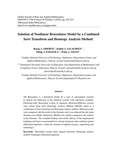 Pdf Solution Of Nonlinear Brusselator Model By A Combined Sawi Transform And Homtopy Analysis