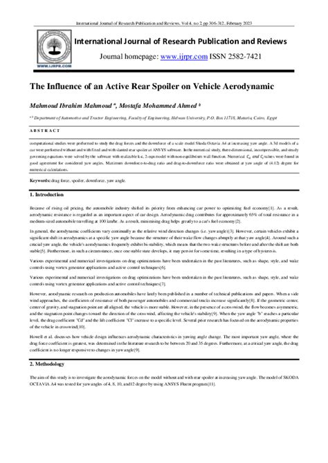 Pdf The Influence Of An Active Rear Spoiler On Vehicle Aerodynamic