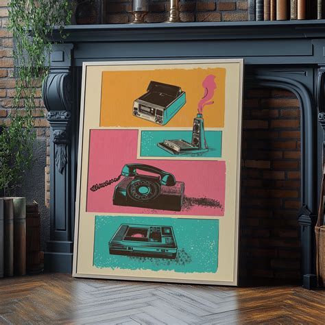 Retro Tech Pop Art Print Vintage Phone Camera And Cassette Bold 80s