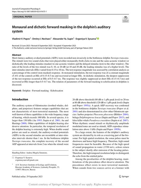 Monaural And Dichotic Forward Masking In The Dolphins Auditory System Request Pdf