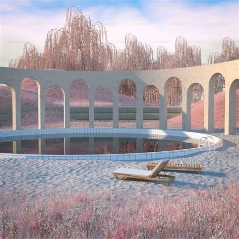 라운지 의자가 있는 수영장의 렌더링 사진 Unsplash의 예술 이미지