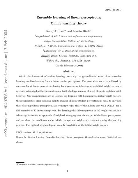 Pdf Online Learning Theory Of Ensemble Learning Using Linear Perceptrons