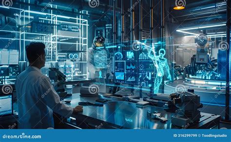 Chief Engineer Analyzing Holographic Display With Collaborating Industrial Engineering Team In