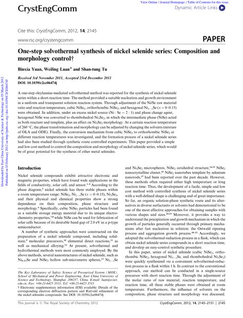 Pdf One Step Solvothermal Synthesis Of Nickel Selenide Series Composition And Morphology Control
