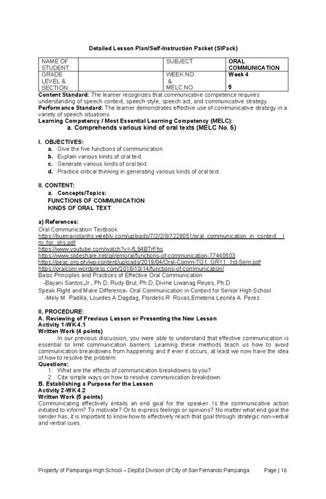 Functions Of Communication Detailed Lesson Planself Instruction Packet Sipack Name Of