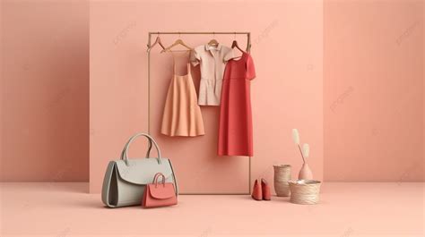부드러운 파스텔 배경의 3d 렌더에 쇼핑백과 선물이 달린 옷걸이에 매달려 있는 세련된 복장 옷 가게 옷가게 패션 매장 배경
